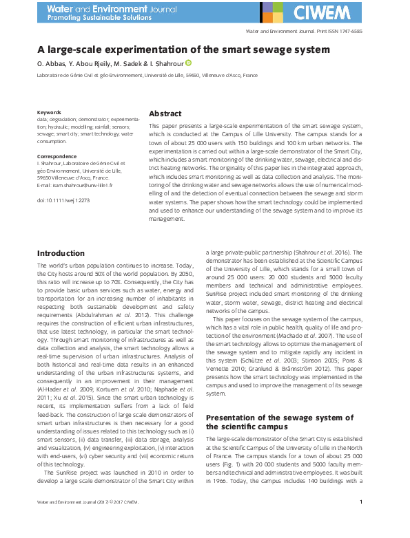 Pdf A Large Scale Experimentation Of The Smart Sewage System Isam Shahrour