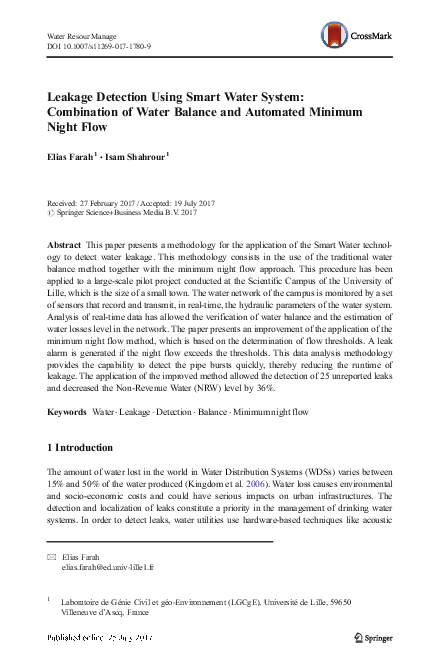 (PDF) Leakage Detection Using Smart Water System: Combination of Water Balance and Automated ...