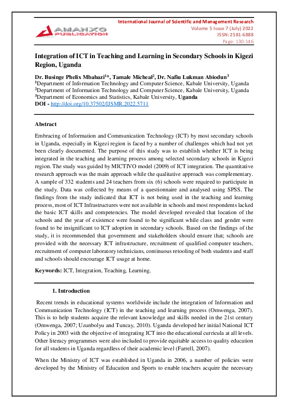 (PDF) Integration of ICT in Teaching and Learning in Secondary Schools in Kigezi Region, Uganda ...