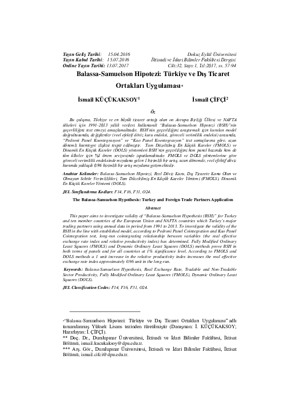 (PDF) Balassa-Samuelson Hipotezi: Türkiye ve Dış Ticaret Ortakları ...
