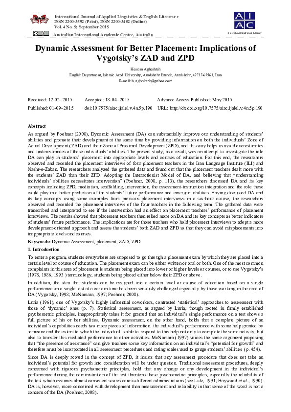 (PDF) Dynamic Assessment for Better Placement: Implications of Vygotsky ...
