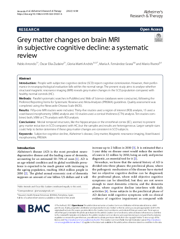 (PDF) Grey matter changes on brain MRI in subjective cognitive decline: a systematic review