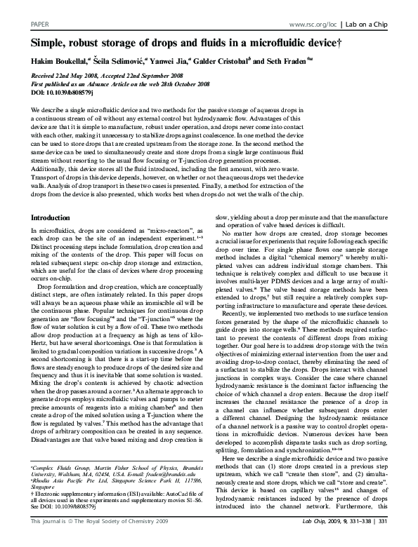 (PDF) Simple, robust storage of drops and fluids in a microfluidic device