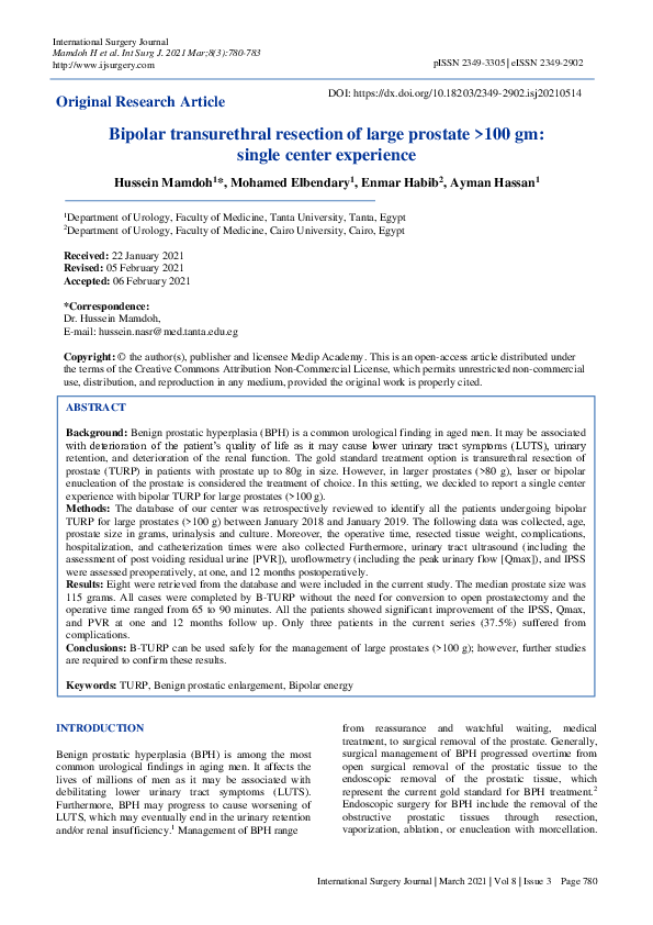(PDF) Bipolar transurethral resection of large prostate >100 gm: single ...