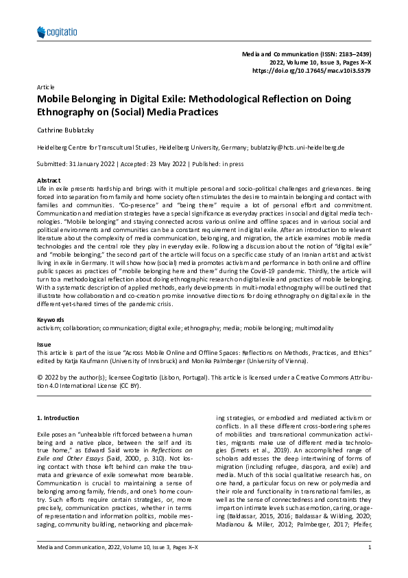 (PDF) Mobile Belonging in Digital Exile: Methodological Reflection on Doing Ethnography on ...