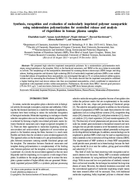 (PDF) Synthesis, recognition and evaluation of molecularly imprinted polymer nanoparticle using ...