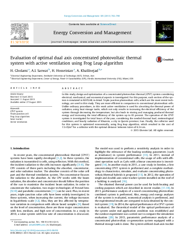 (PDF) Evaluation of optimal dual axis concentrated photovoltaic thermal system with active ...