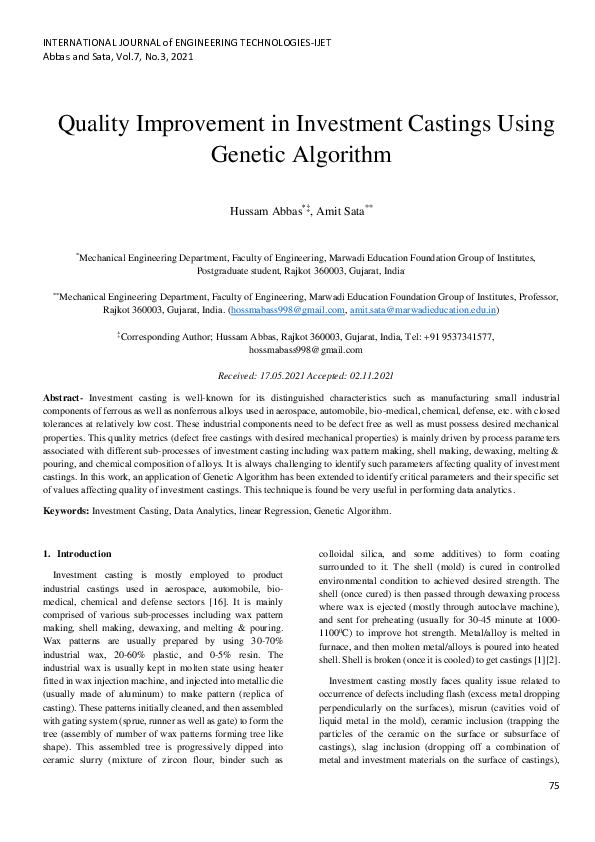 (PDF) Quality Improvement in Investment Castings Using Genetic Algorithm