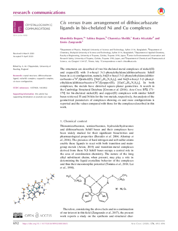 (PDF) Cis versus trans arrangement of dithiocarbazate ligands in bis-chelated Ni and Cu ...