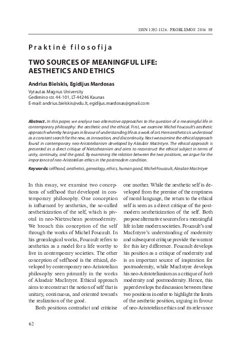 (PDF) Praktinė filosofija TWO SOURCES OF MEANINGFUL LIFE: AESTHETICS ...