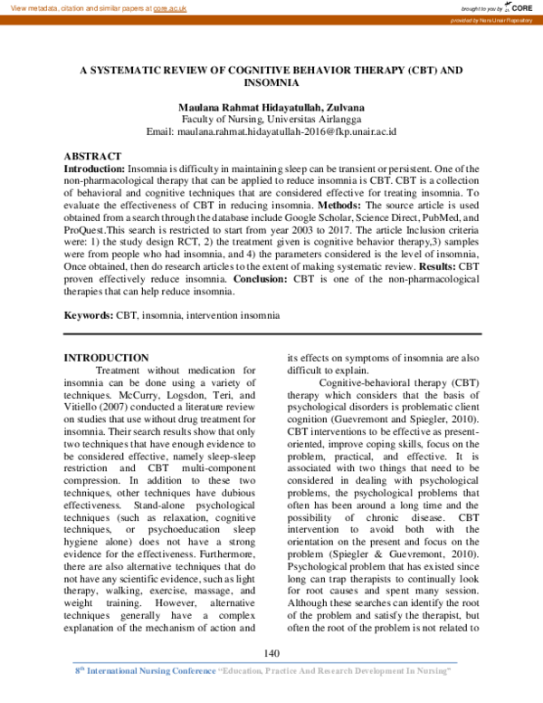 (PDF) A Systematic Review of Cognitive Behavior Therapy (CBT) Andinsomnia