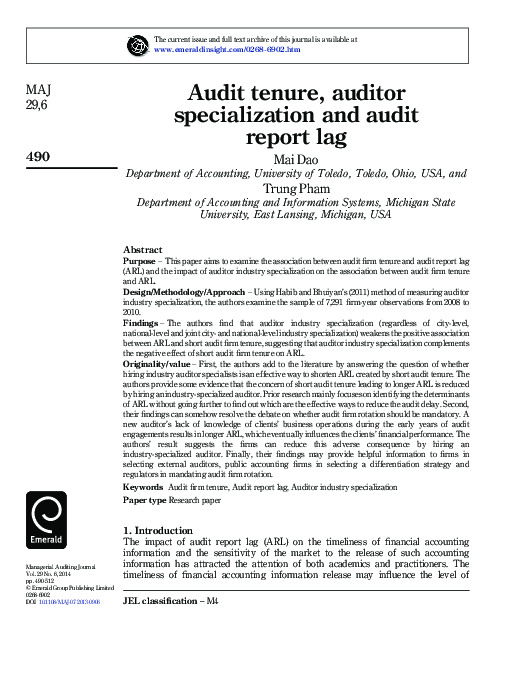 (PDF) Audit tenure, auditor specialization and audit report lag