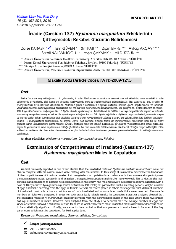 (PDF) İrradie (Caesium-137) Hyalomma marginatum Erkeklerinin ...