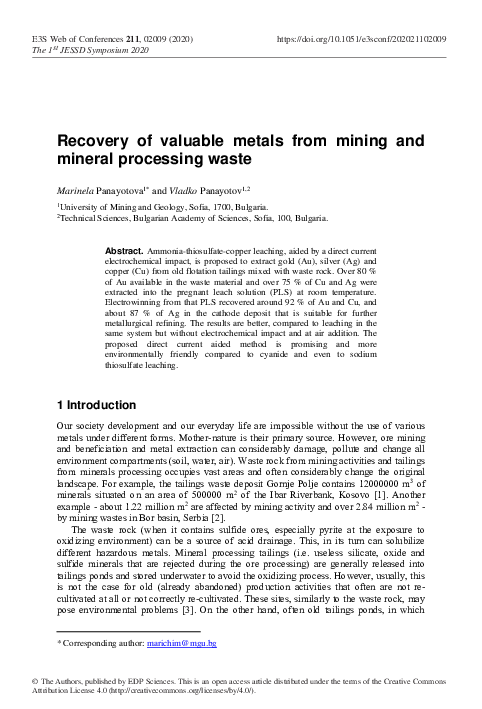 (PDF) Recovery of valuable metals from mining and mineral processing waste
