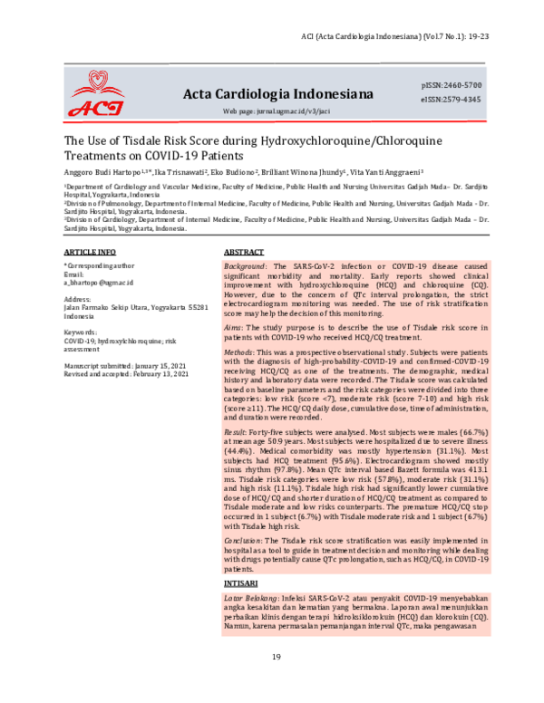 (PDF) The use of Tisdale risk score during hydroxychloroquine ...
