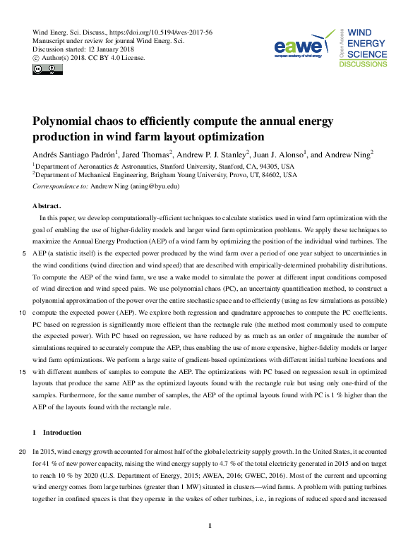 (PDF) Polynomial chaos to efficiently compute the annual energy production in wind farm layout ...