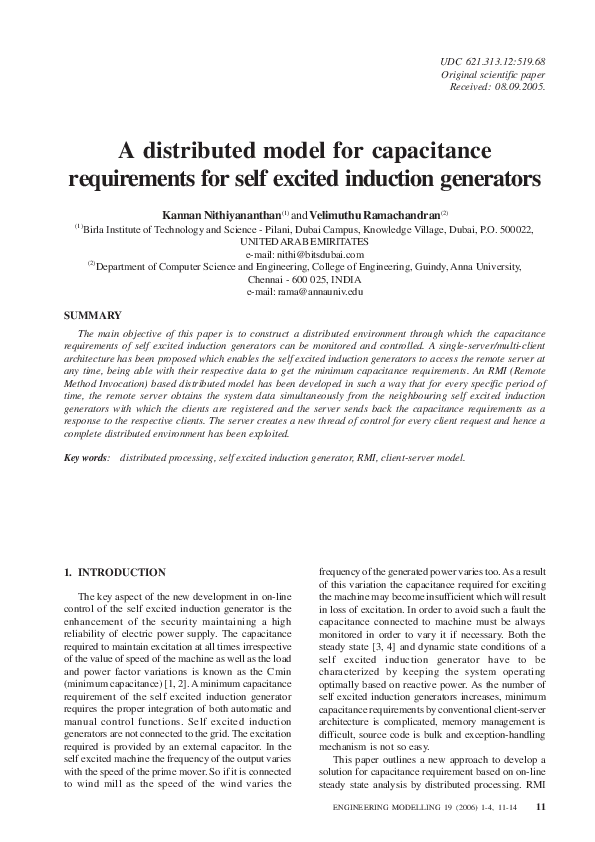 Pdf A Distributed Model For Capacitance Requirements For Self Excited Induction Generators