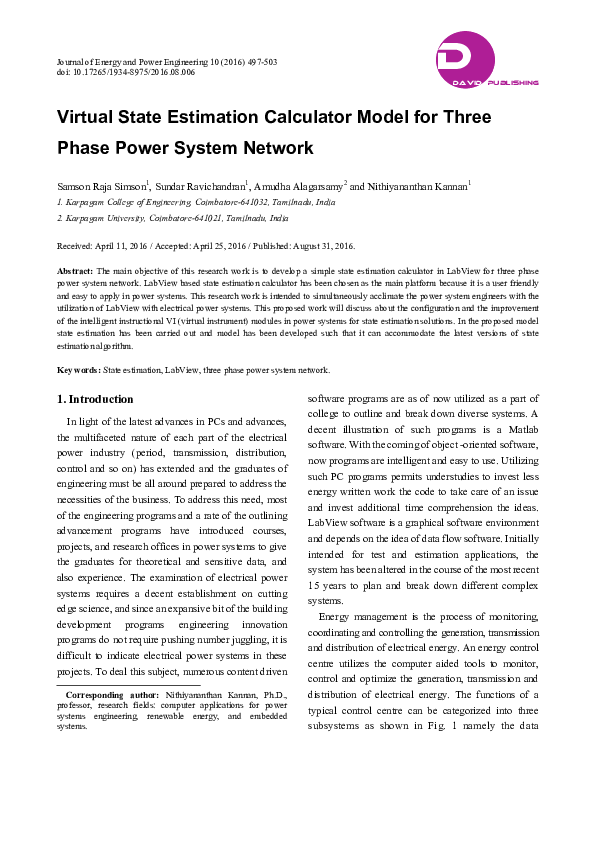 Pdf Virtual State Estimation Calculator Model For Three Phase Power System Network