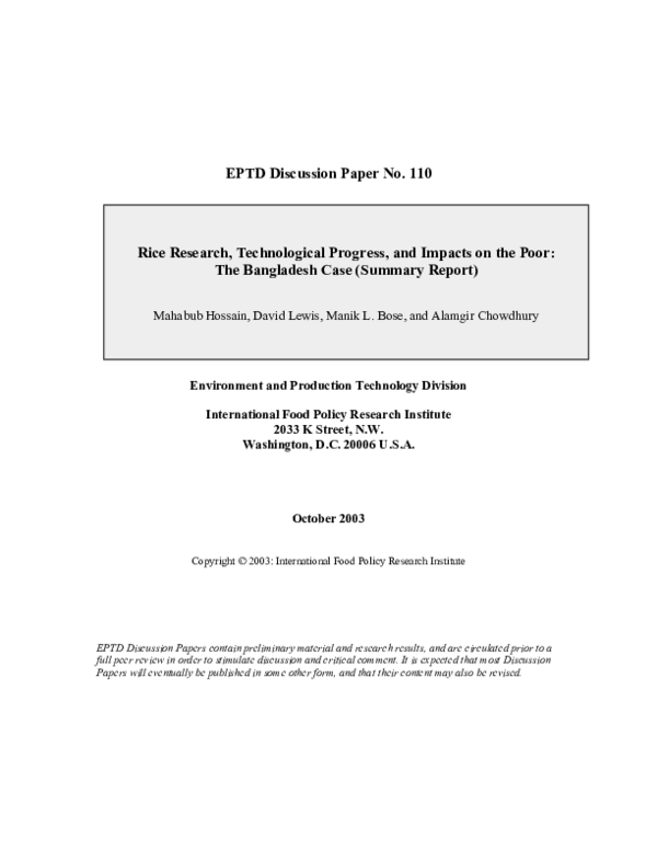 (PDF) Rice Research Technological Progress and Impact on the Poor: The ...