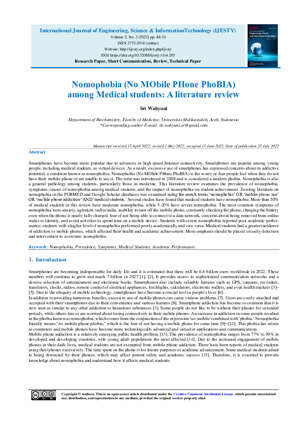 (PDF) Nomophobia (No MObile PHone PhoBIA) among Medical students: A ...