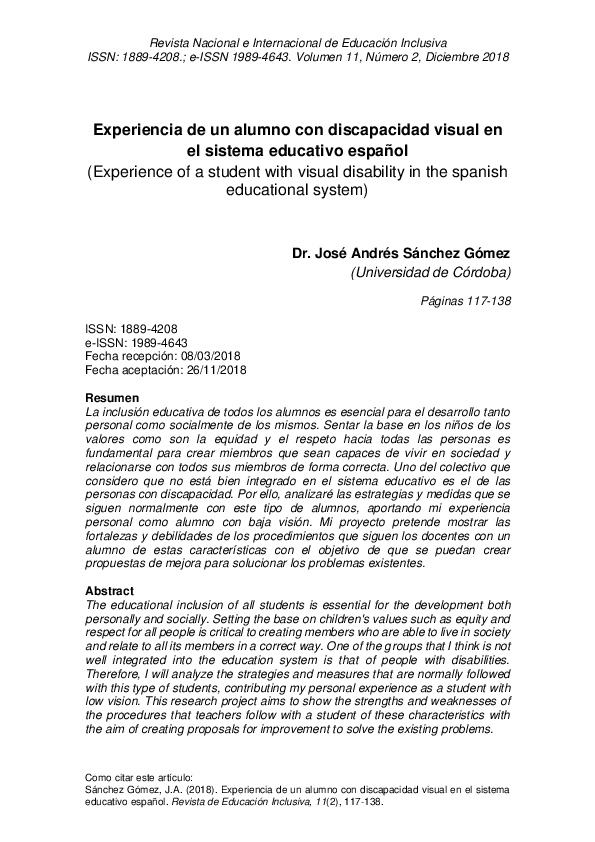 (PDF) Experiencia de un alumno con discapacidad visual en el Sistema ...