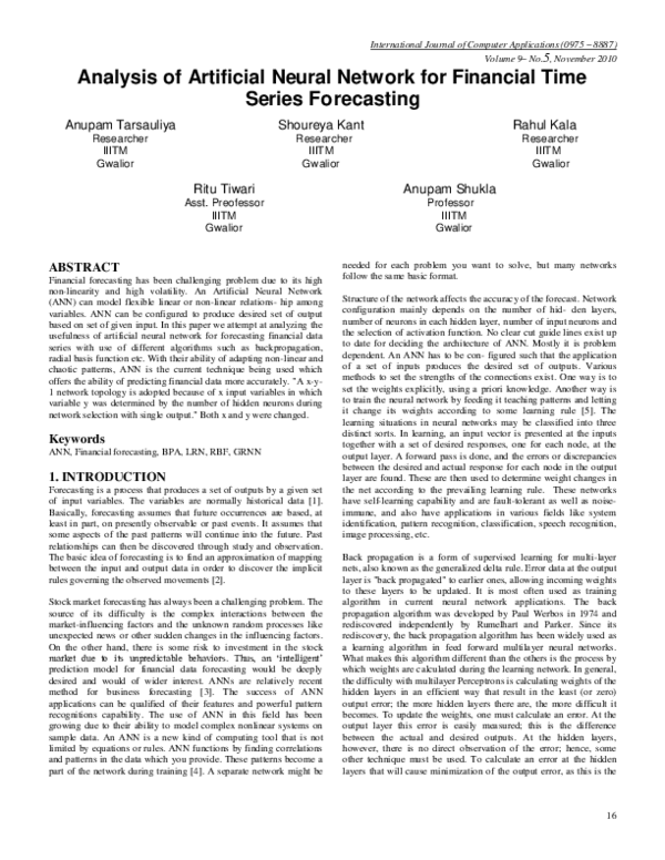 Pdf Analysis Of Artificial Neural Network For Financial Time Series Forecasting