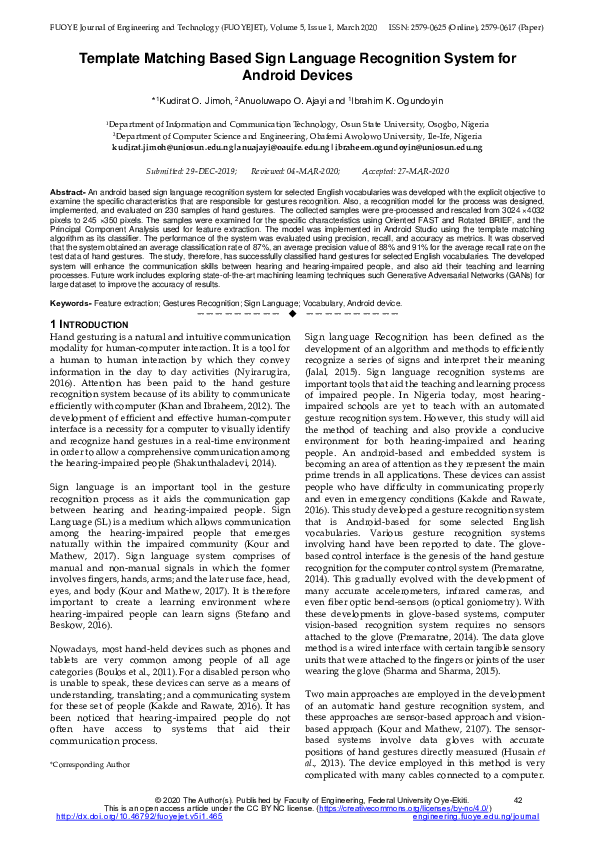 (PDF) Template Matching Based Sign Language Recognition System for Android Devices | Kudirat ...