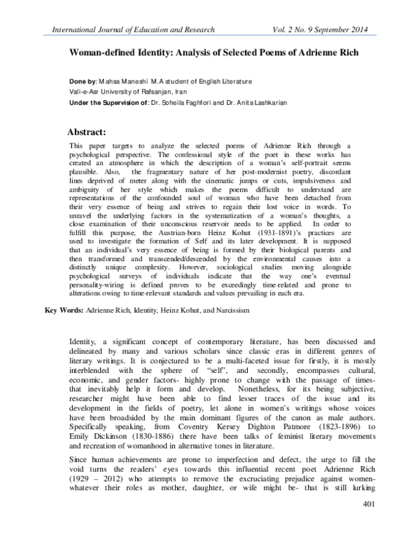 (PDF) Woman-defined Identity: Analysis of Selected Poems of Adrienne ...