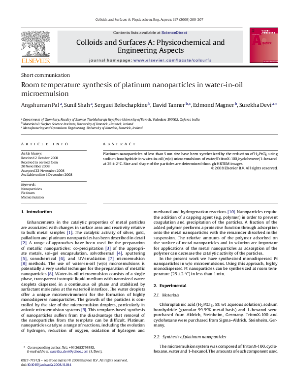 (PDF) Room temperature synthesis of platinum nanoparticles in water-in ...