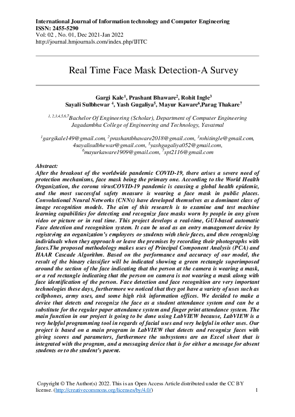(PDF) Real Time Face Mask Detection-A Survey