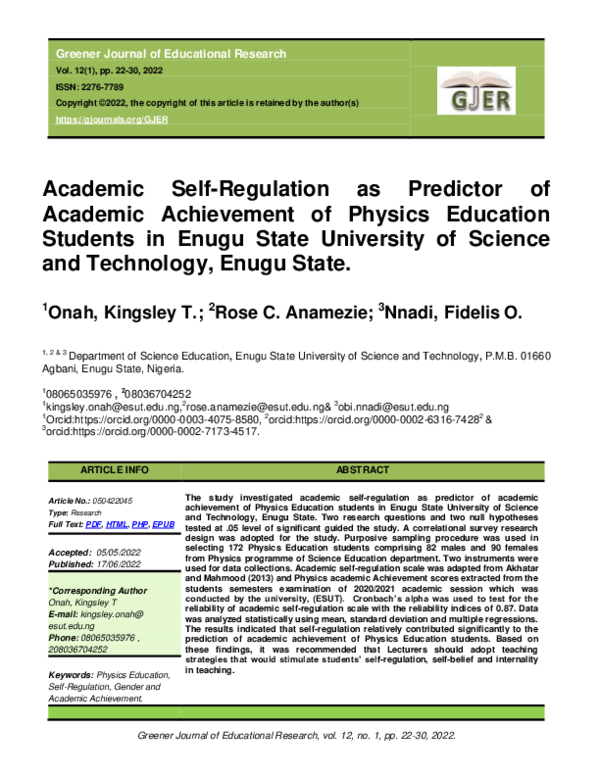 (PDF) Academic Self-Regulation as Predictor of Academic Achievement of ...