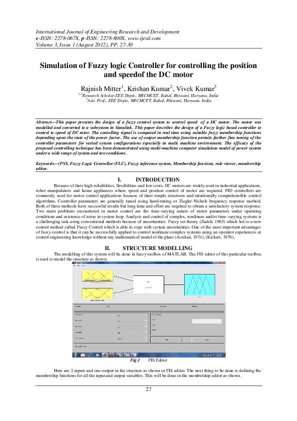 (PDF) Simulation of Fuzzy logic Controller for controlling the position and speedof the DC motor