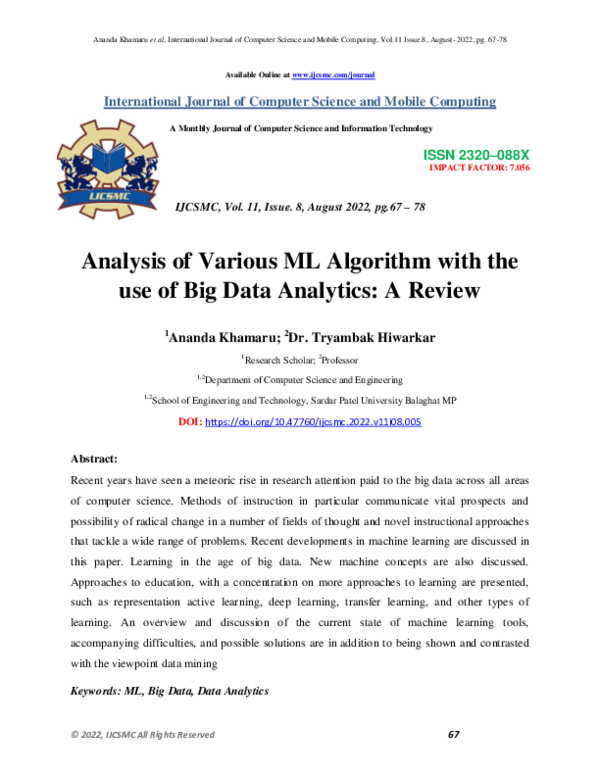 (PDF) Analysis of Various ML Algorithm with the use of Big Data Analytics: A Review