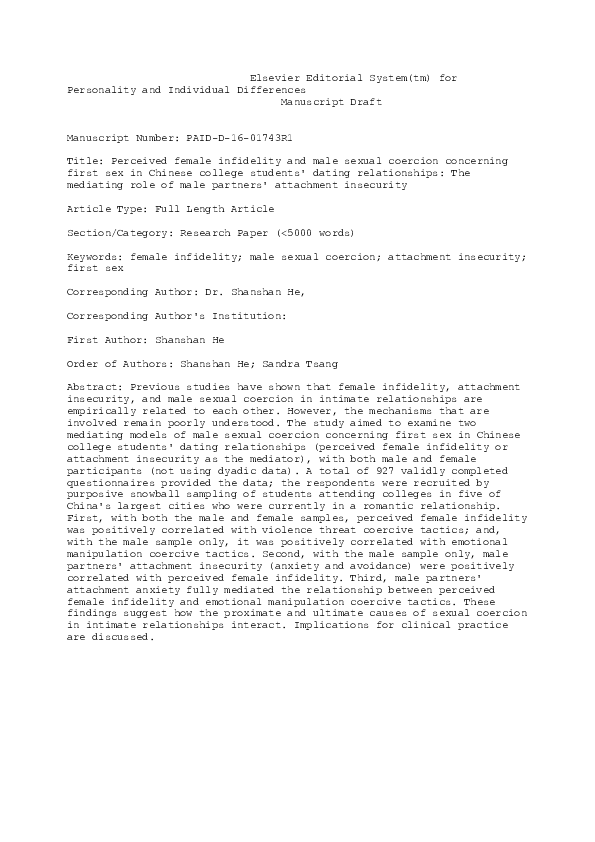 Pdf Perceived Female Infidelity And Male Sexual Coercion Concerning