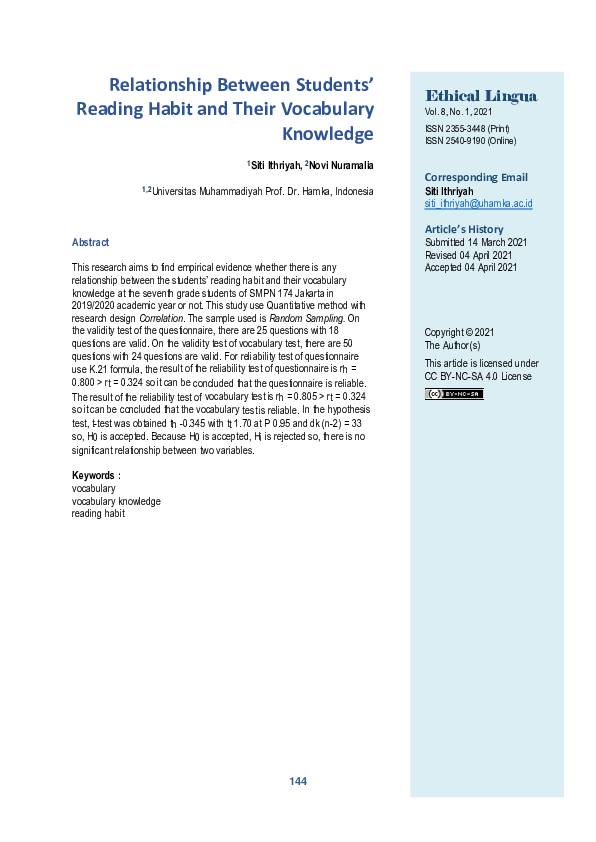 (PDF) Relationship Between Students’ Reading Habit and Their Vocabulary ...