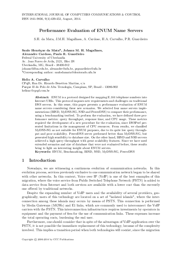(PDF) Performance Evaluation of ENUM Name Servers