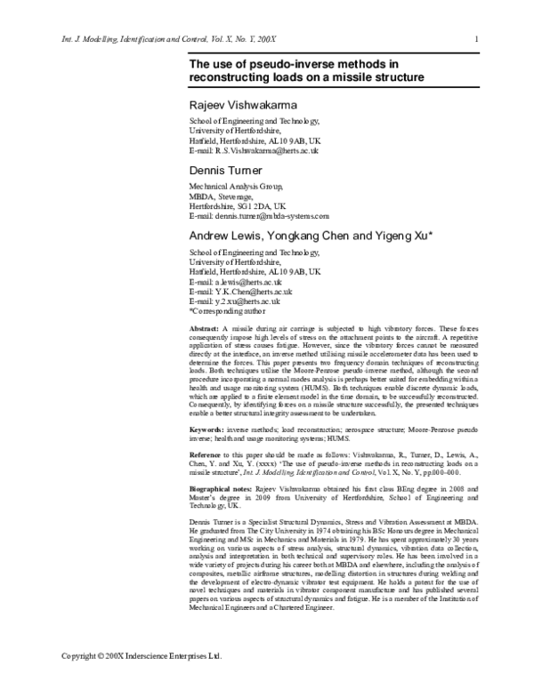 Pdf The Use Of Pseudo Inverse Methods In Reconstructing Loads On A