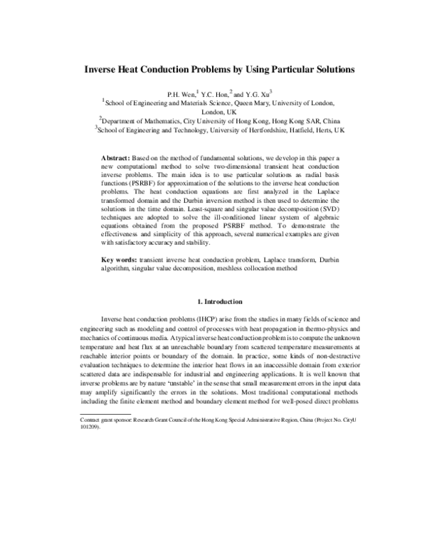 (PDF) Inverse heat conduction problems by using particular solutions