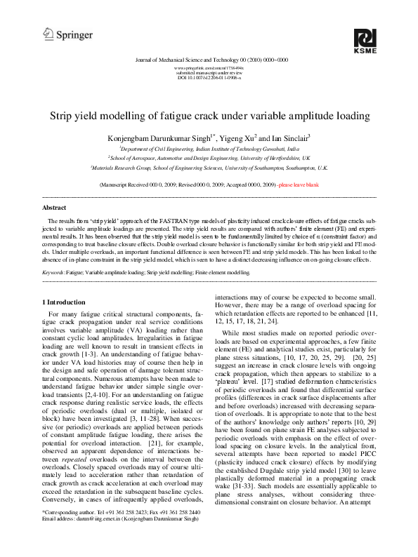 (PDF) Strip yield modelling of fatigue crack under variable amplitude loading | Yigeng Xu ...