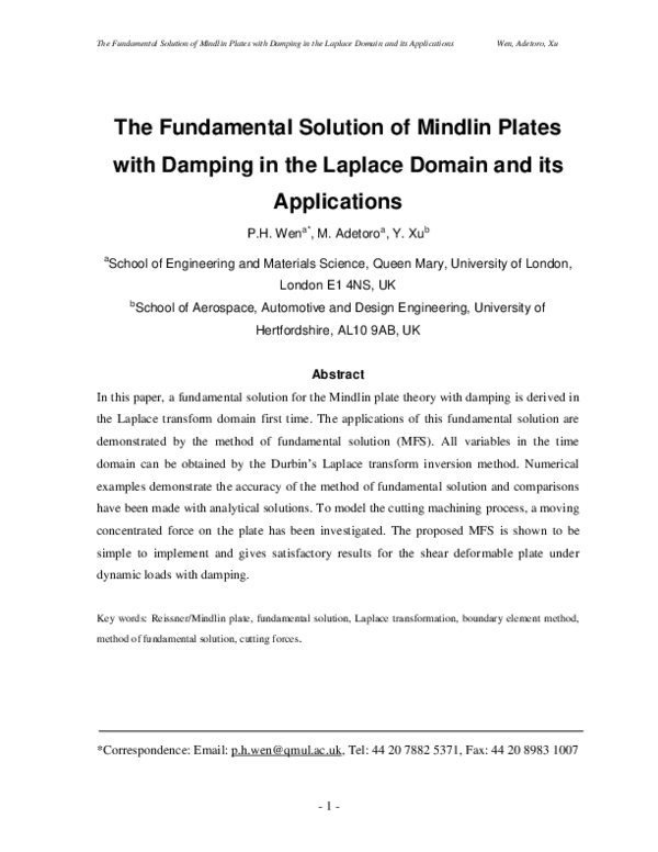 (PDF) The fundamental solution of Mindlin plates with damping in the ...