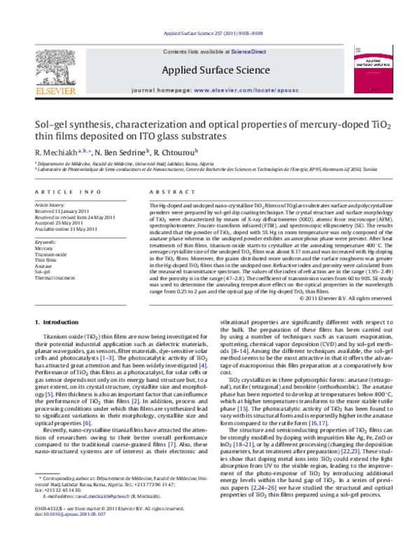 Pdf Sol Gel Synthesis Characterization And Optical Properties Of Mercury Doped Tio2 Thin