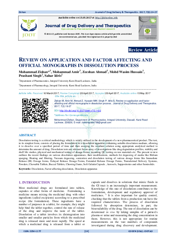 (PDF) Review on Application and Factor Affecting and Official Monographs in Dissolution Process