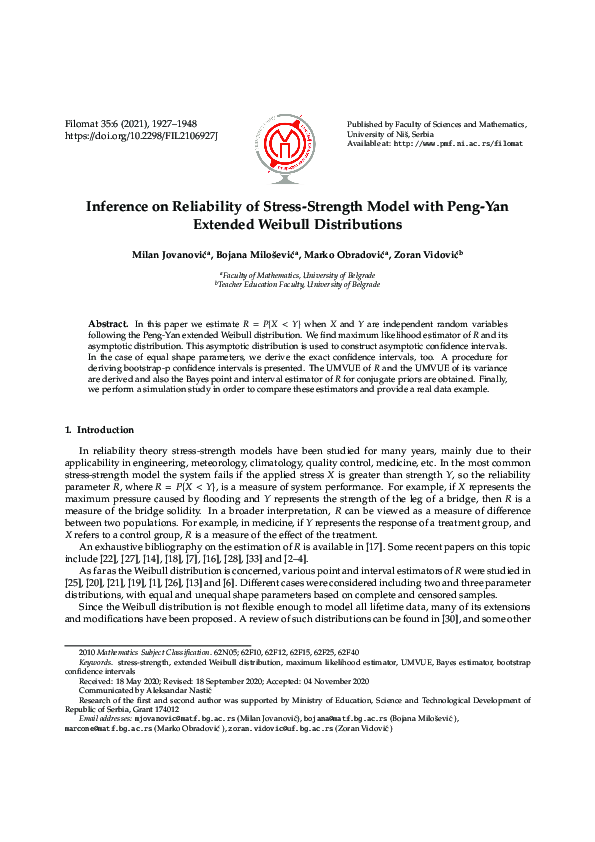 Pdf Inference On Reliability Of Stress Strength Model With Peng Yan Extended Weibull Distributions