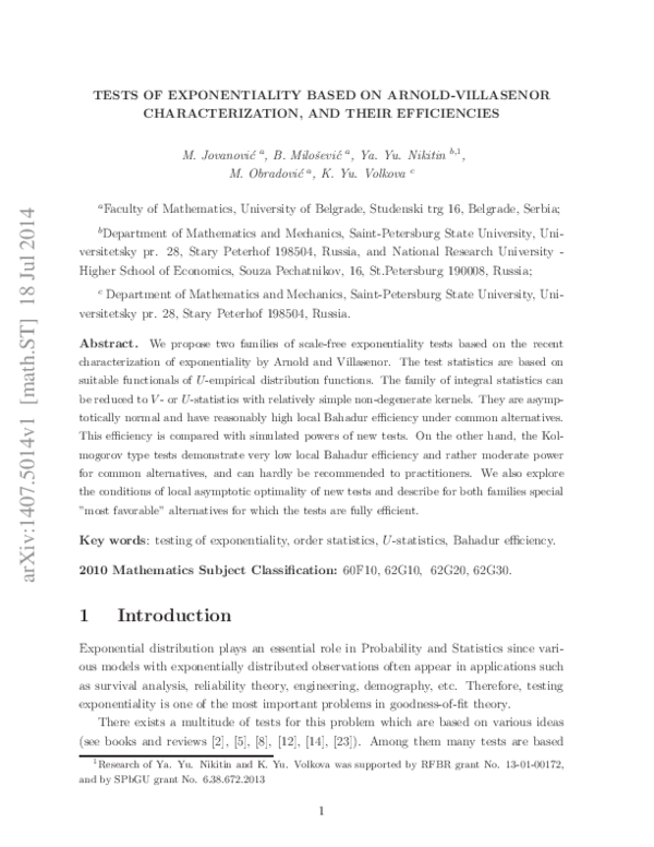 Pdf Tests Of Exponentiality Based On Arnold Villasenor Characterization And Their Efficiencies