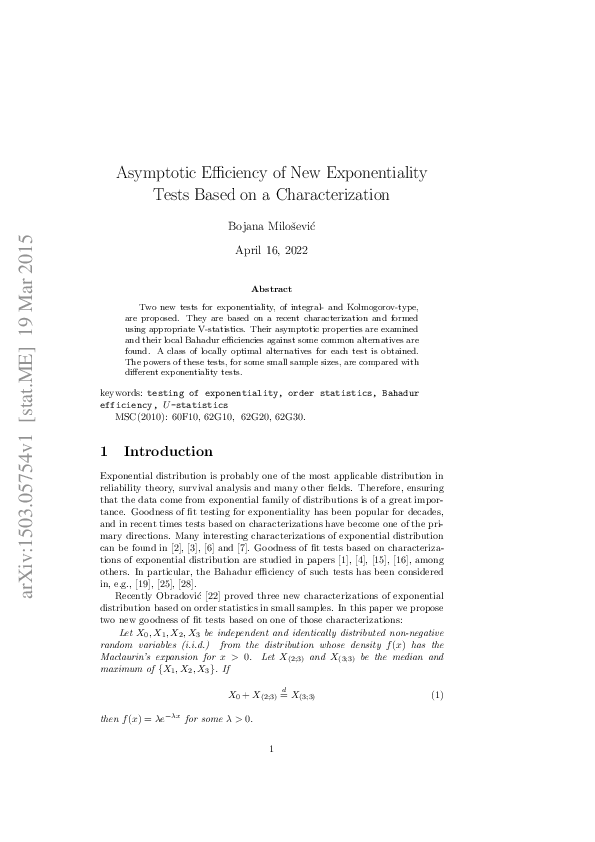 Pdf Asymptotic Efficiency Of New Exponentiality Tests Based On A Characterization Bojana