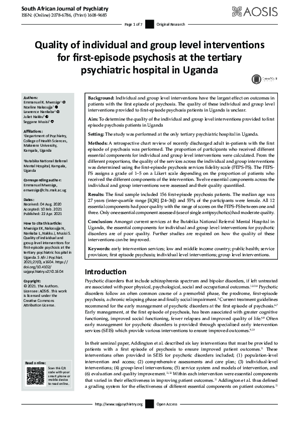 (PDF) Quality of Individual and Group Level Interventions for First ...