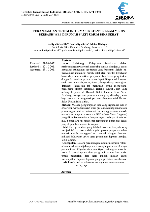 (PDF) Perancangan Sistem Informasi Retensi Rekam Medis Berbasis Web di Rumah Sakit Umum Bina Sehat
