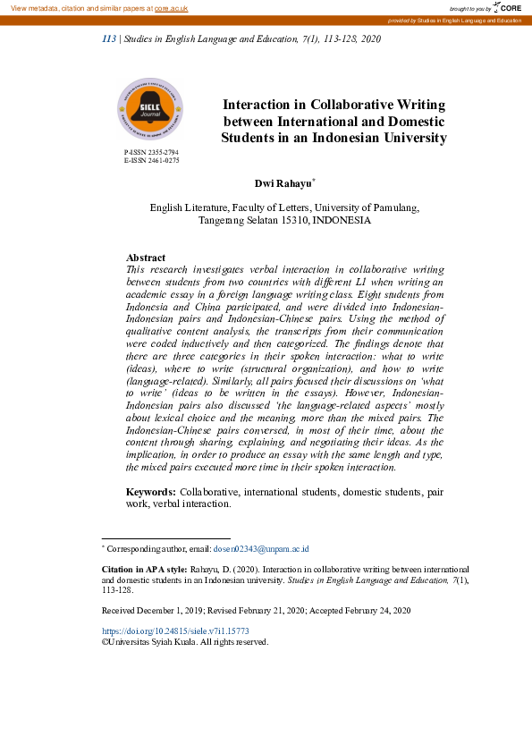 (PDF) Interaction in collaborative writing between international and domestic students in an ...