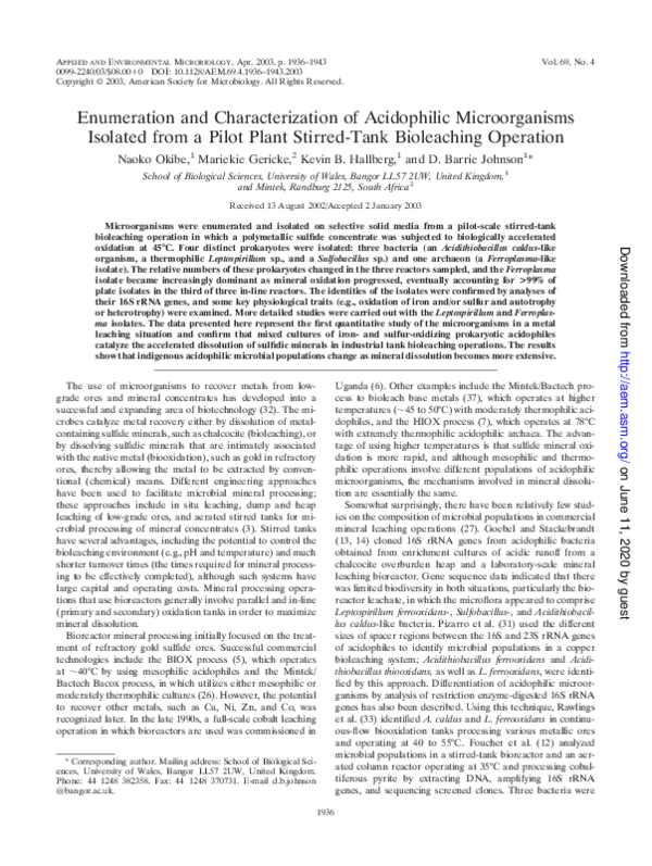 (PDF) Enumeration and Characterization of Acidophilic Microorganisms Isolated from a Pilot Plant ...