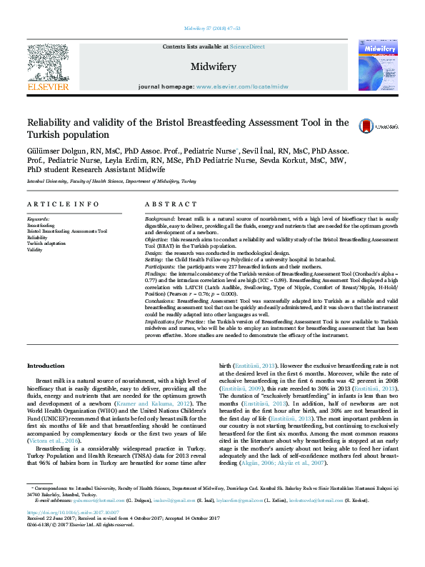 (PDF) Reliability and validity of the Bristol Breastfeeding Assessment ...